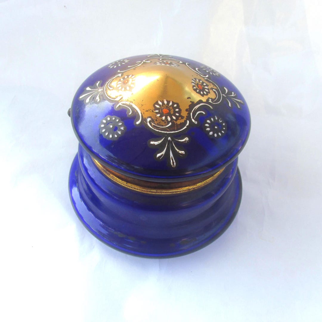 Antique Moser Cobalt Blue Glass Trinket Box: Gold Gilt Bohemian Casket ...