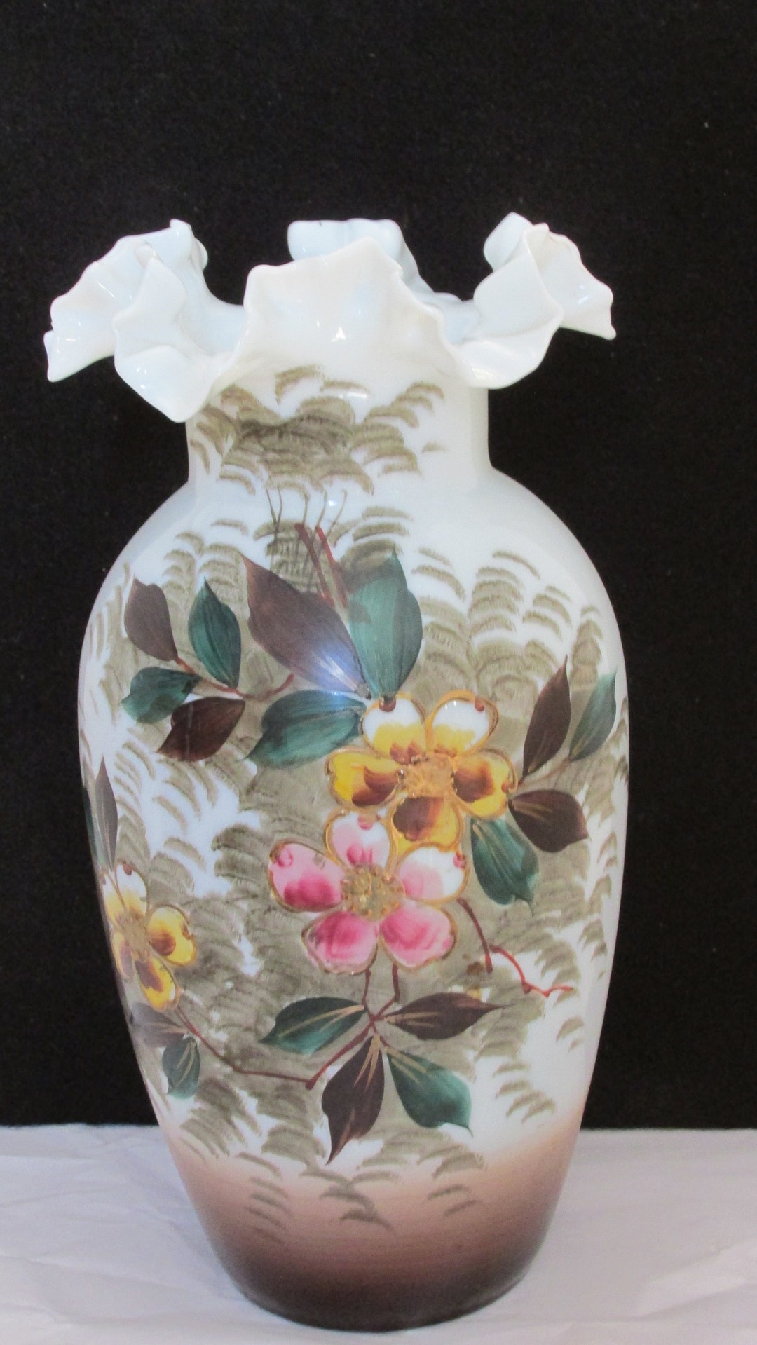 Vintage Victorian Bristol Glass Vase, Hand Painted, Floral Ruffled ...