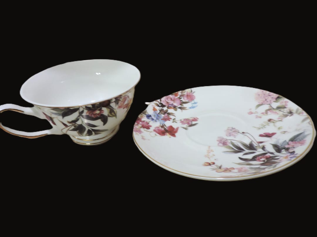 Grace Teaware Fine Porcelain Teacup Saucer Set, Floral Pink Blue White ...
