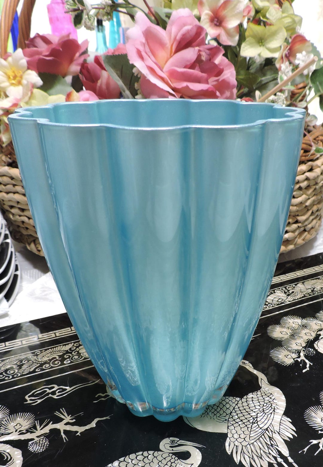 Vase Blue Metallic Glass Flower Vase Scalloped Edge, Ribbed Sides - Etsy