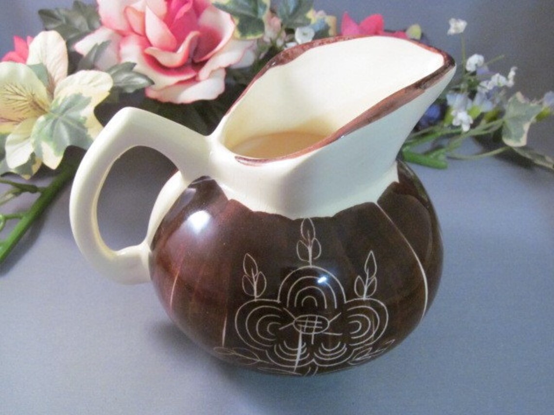 Small Ceramic Pottery Pitcher Brown Cream Color | Etsy