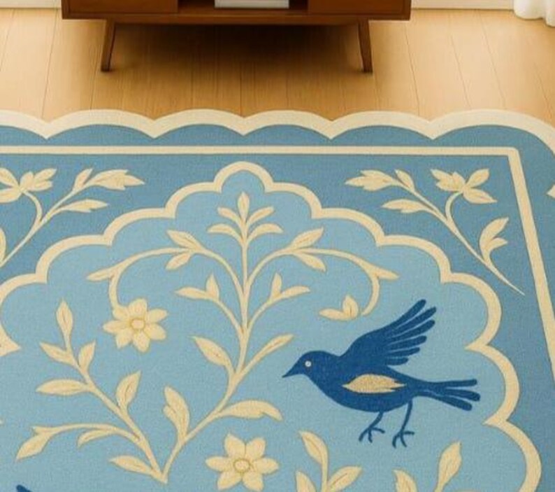 Blue Bird Tufted Rug, Floral Area Rug, Handmade Punch Needle Carpet ...