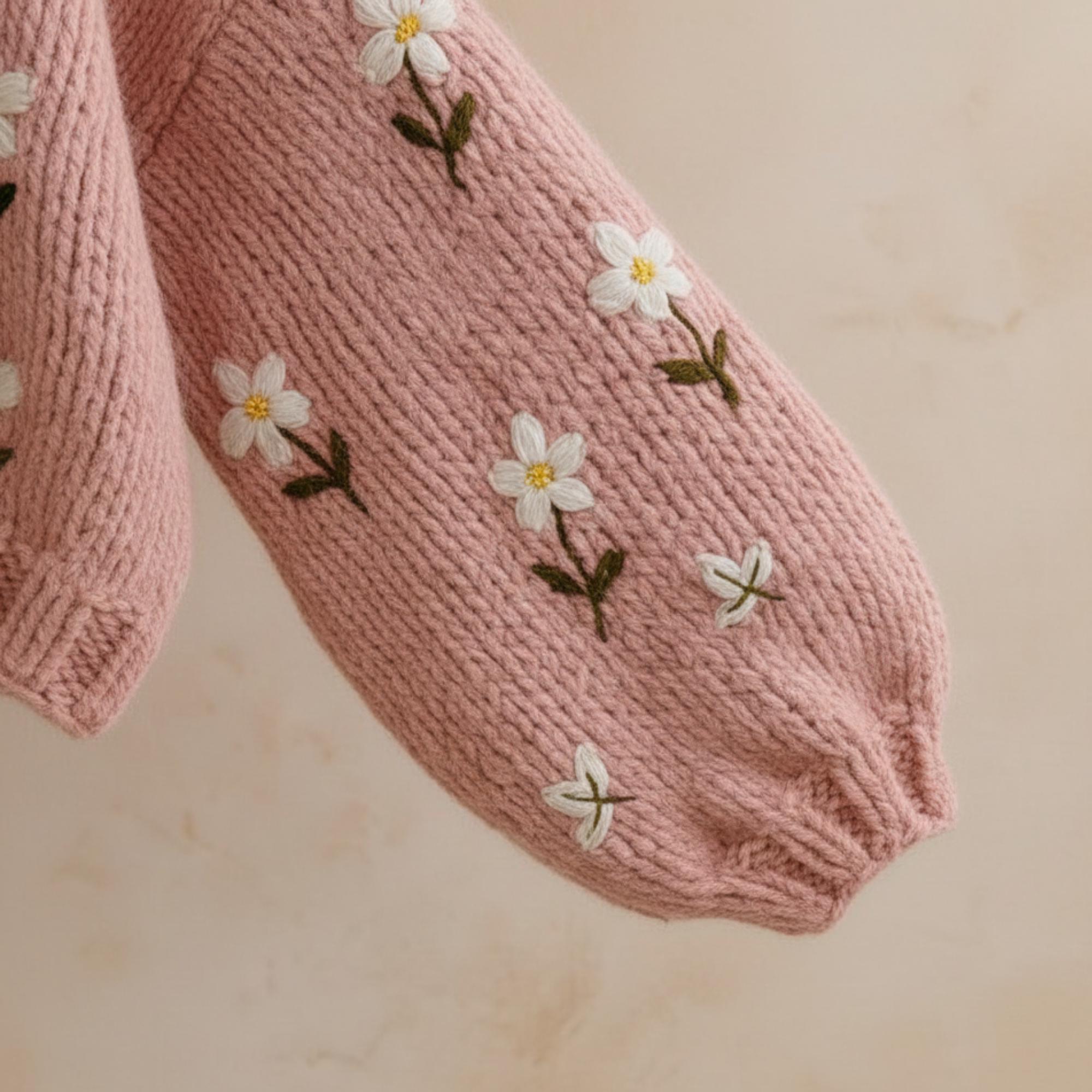 Pink Coquette Aesthetic Sweater, Hand Embroidered Daisy Knit, Chunky ...