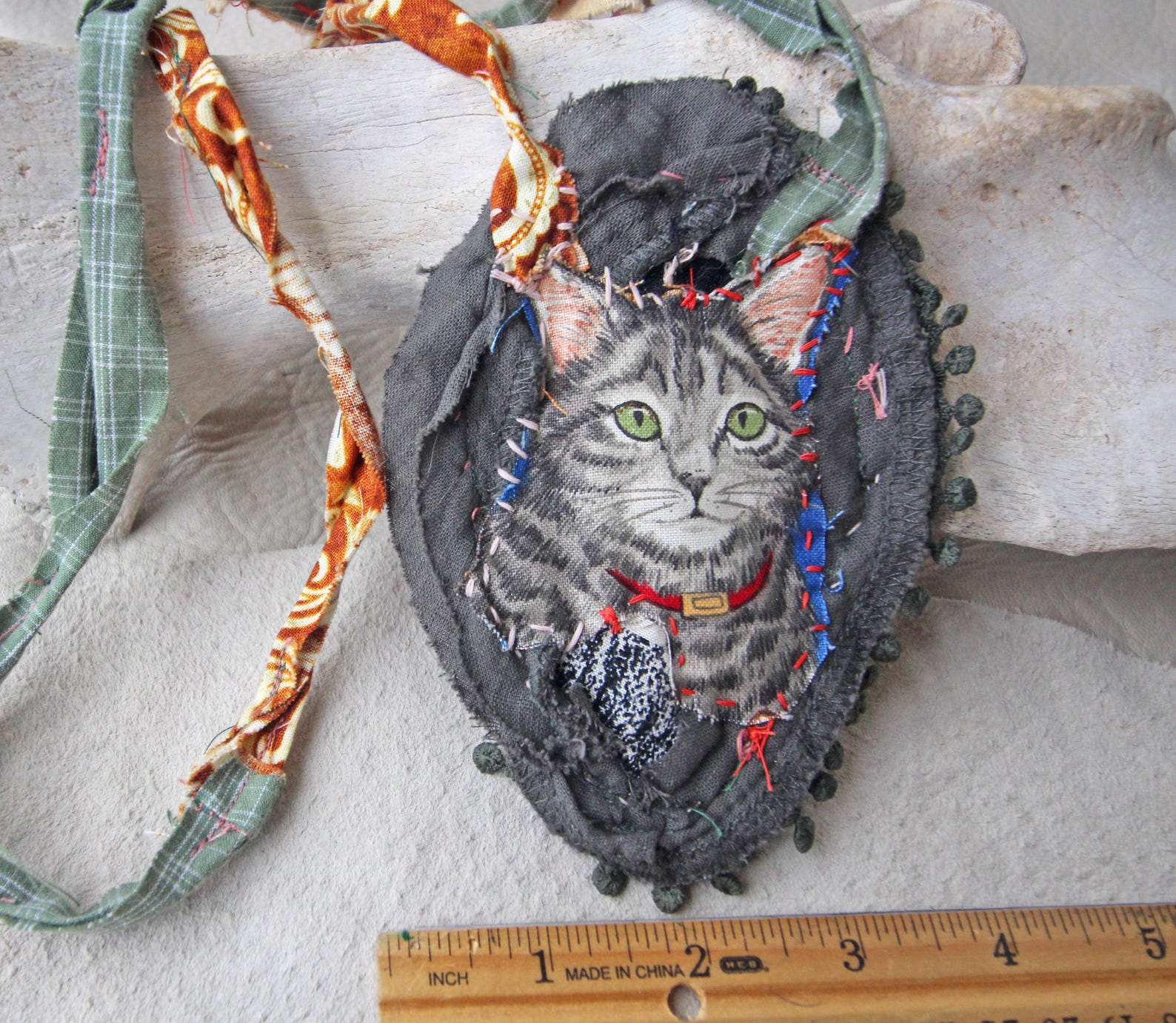 Cat of My Heart Tabby Lacy Cat Necklace, Bohemian Wearable Art, Fabric ...