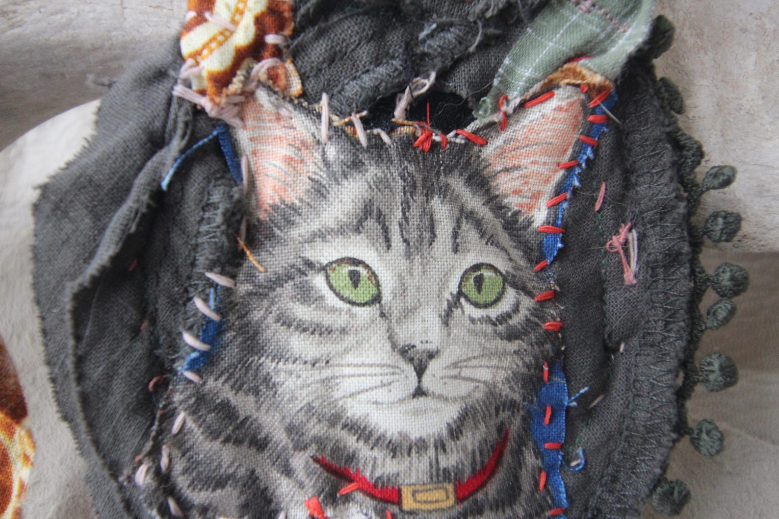Cat of My Heart Tabby Lacy Cat Necklace, Bohemian Wearable Art, Fabric ...
