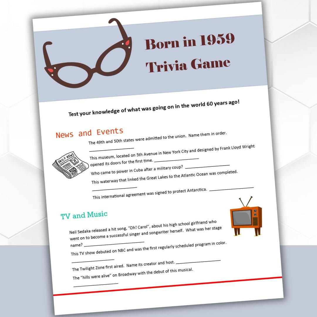 Born in 1959 Trivia Game Birthday Party Game 1950's - Etsy
