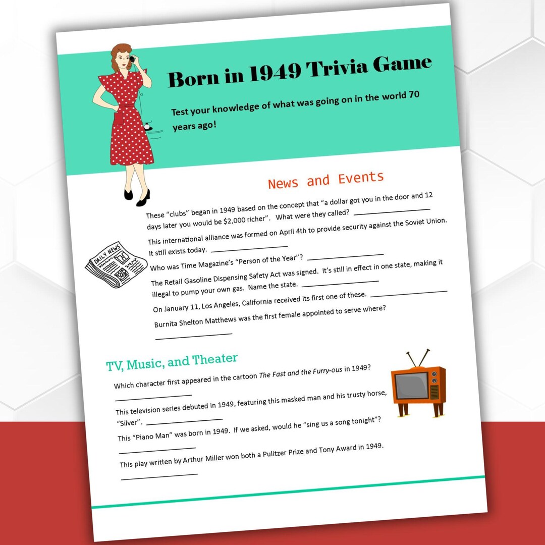 1949 Birthday Trivia Game 1940's Party Digital Game - Etsy