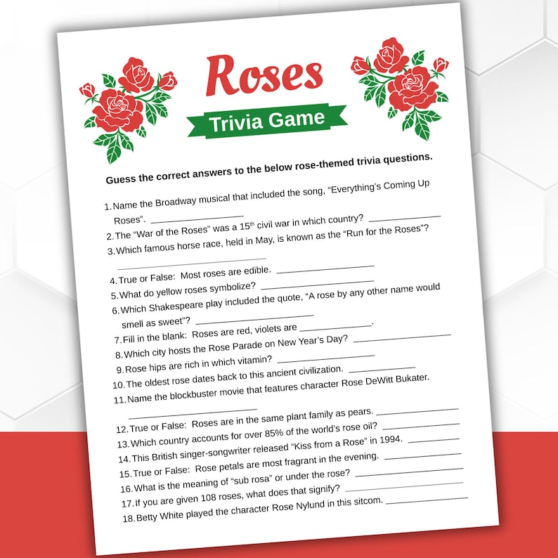 Roses Trivia Game: Garden Club, Showers, Game Night (digital Download ...
