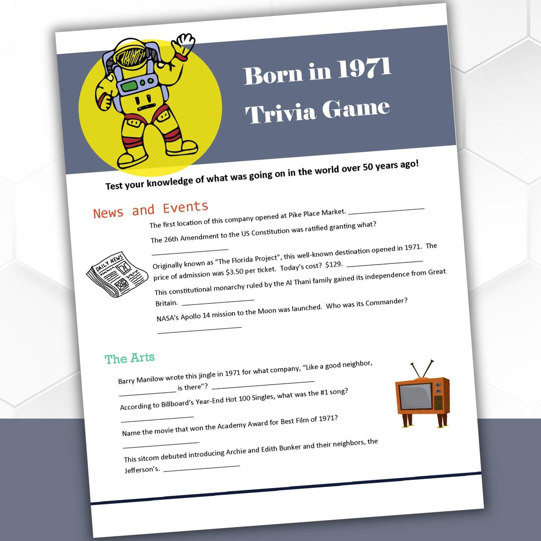 Born in 1971 Birthday Trivia Birthday Party Game 1970's - Etsy