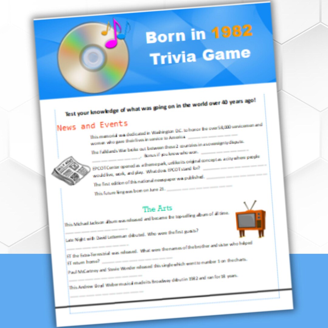 Throwback to 1982 Printable Trivia Game for Birthday and Class Reunion ...