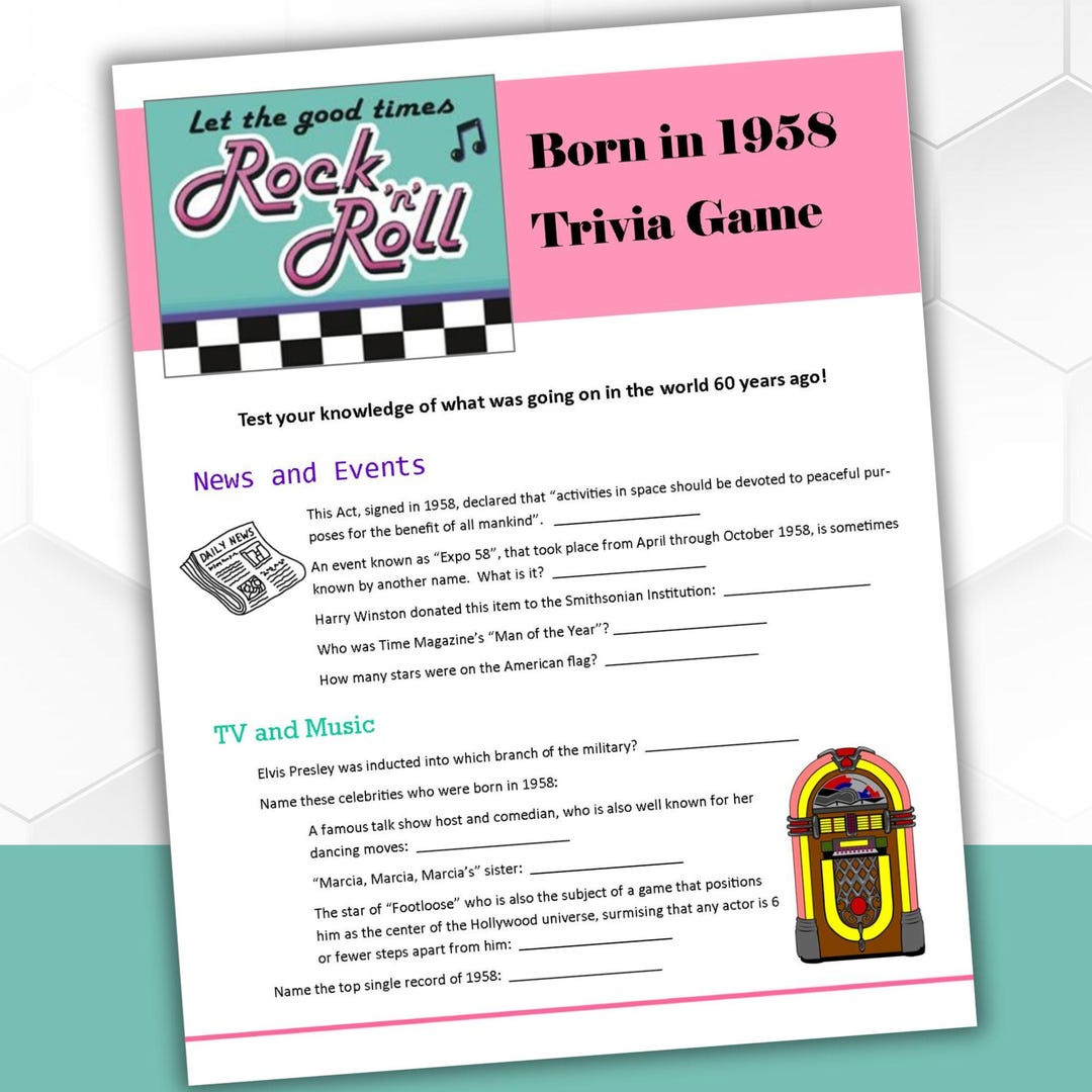 Born in 1958 Trivia Game for 1950's Theme Party or Class Reunion - Etsy