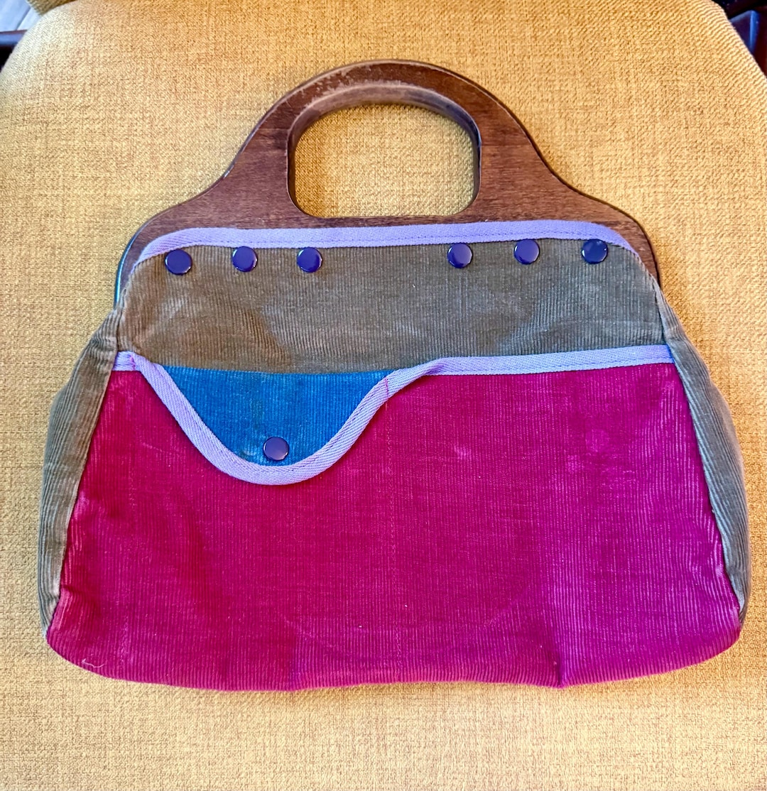 Vintage Boho Corduroy Purse Wooden Handles Pappagallo Bermuda Style ...