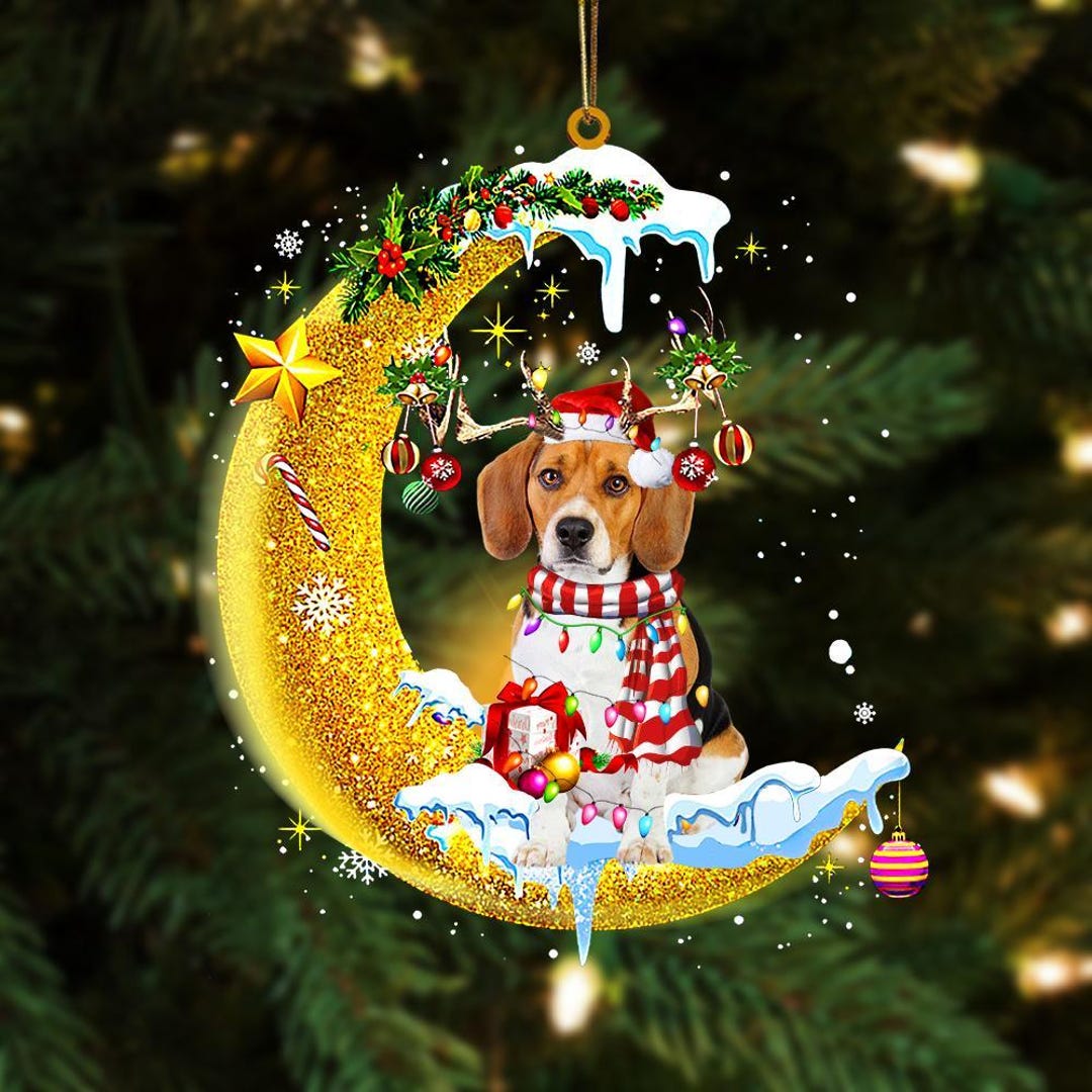 Beagle Sitting on Glitter Moon Christmas Ornament, Cute Dog Flat ...