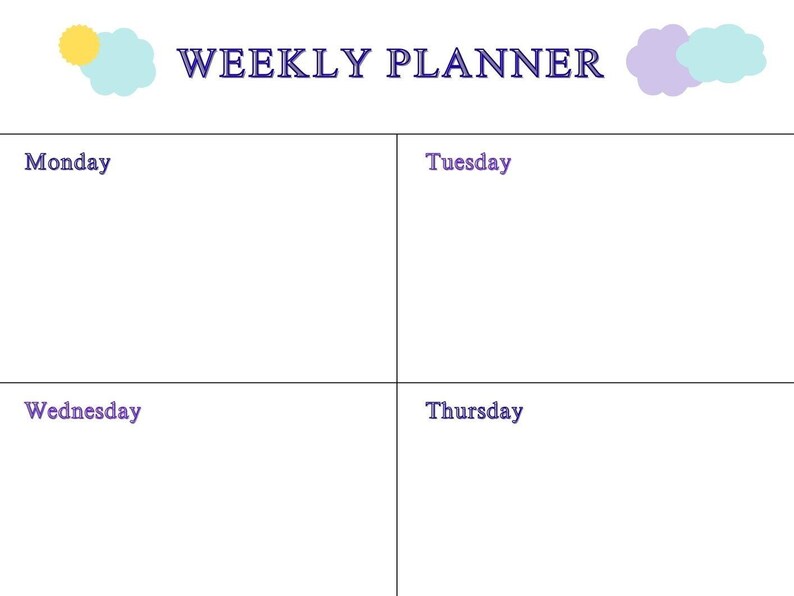 Weekly Planner Printable | Cute Blue Clouds & Sun Design | Weekly ...