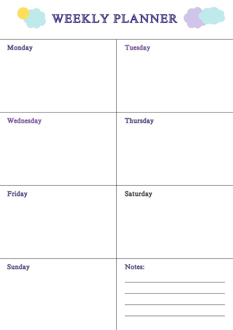 Weekly Planner Printable | Cute Blue Clouds & Sun Design | Weekly ...