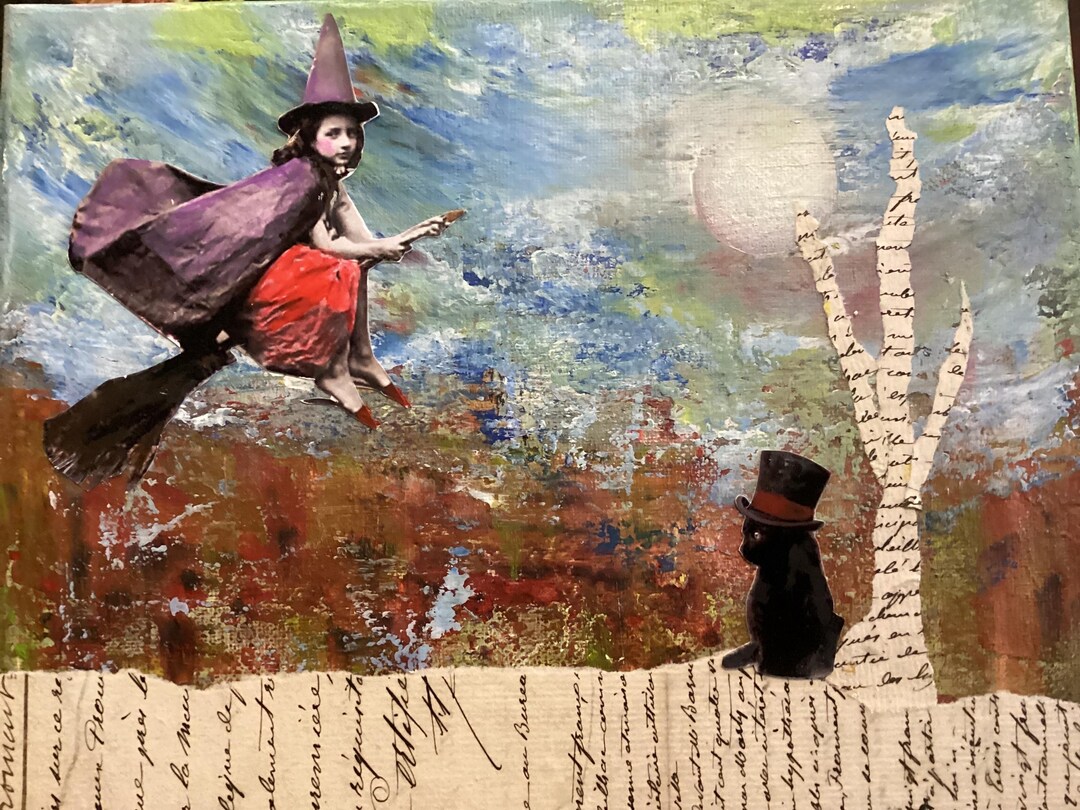 Halloween Little Witch and Black Cat Original Mixed Media Art Collage ...