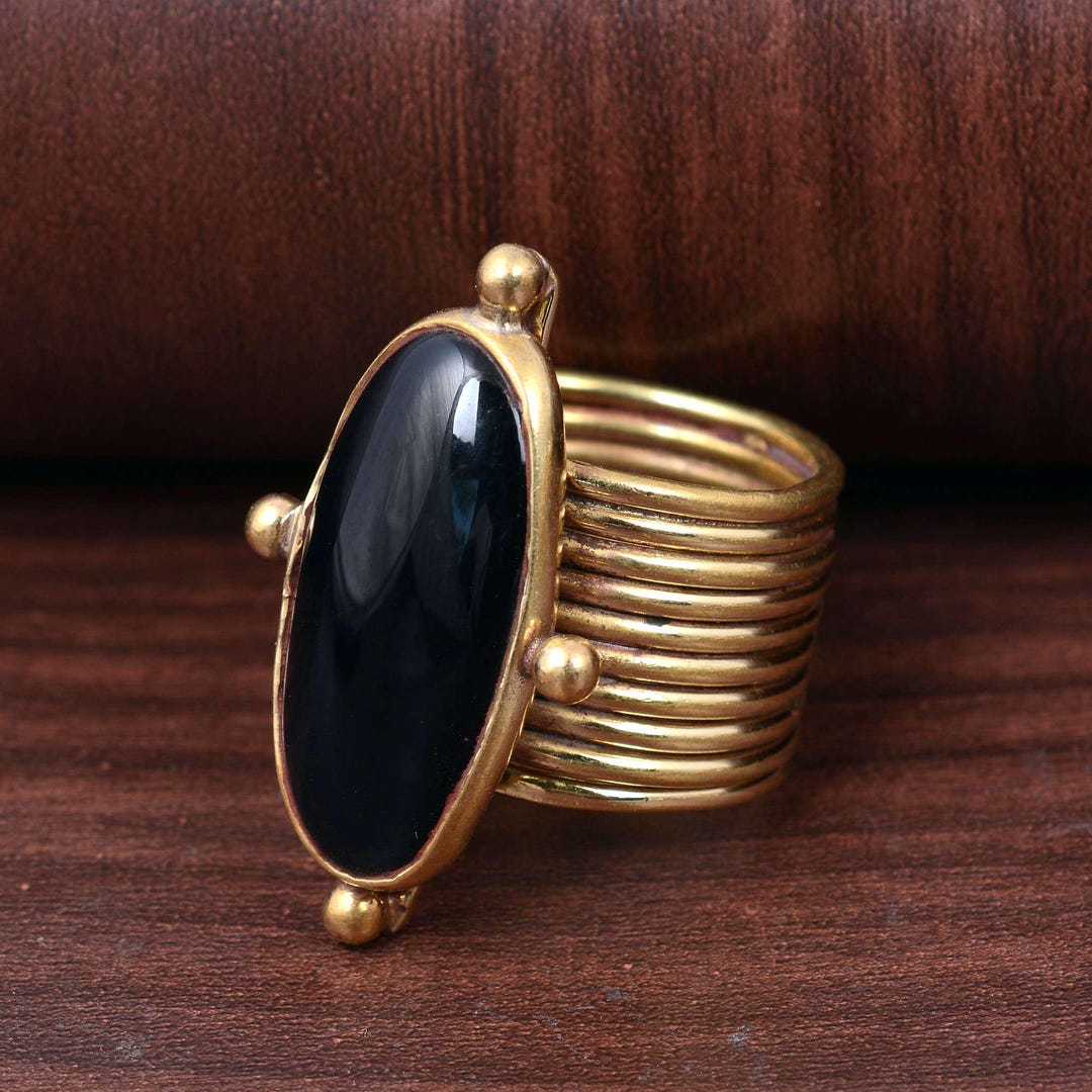 Black Obsidian Gemstone Ring, Multi Layer Brass Wide Band, Boho Ring - Etsy