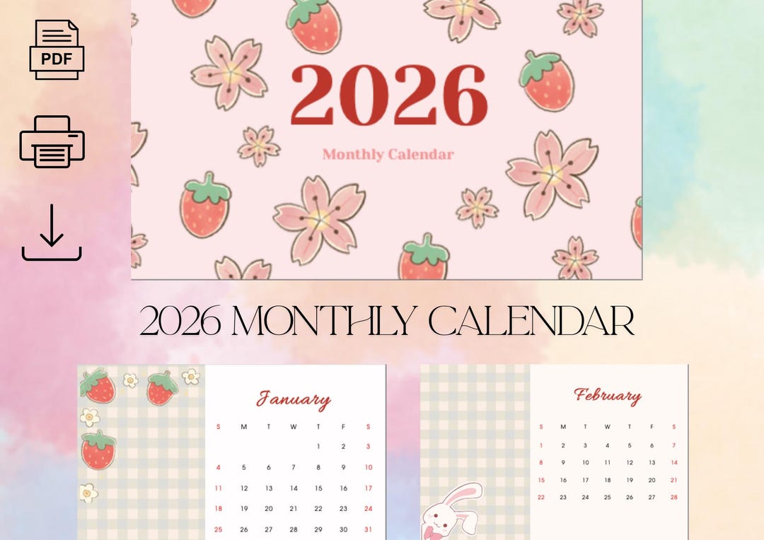 Strawberry 2026 Calendar: A4 Printable Monthly Planner (PDF Download ...