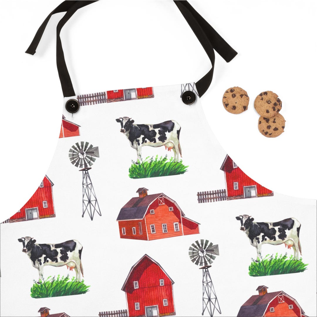 Farmhouse Red Barn Apron | Country Kitchen Cooking Apron | Cows, Barns ...