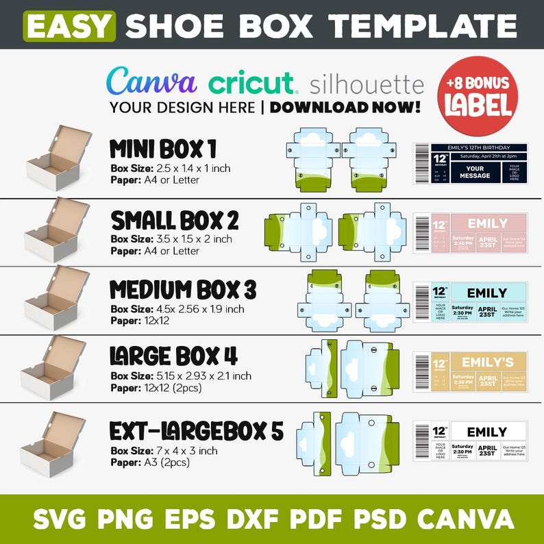 5 Size Shoe Box Template, Shoe Box Svg, Sneaker Box Template Bundle ...