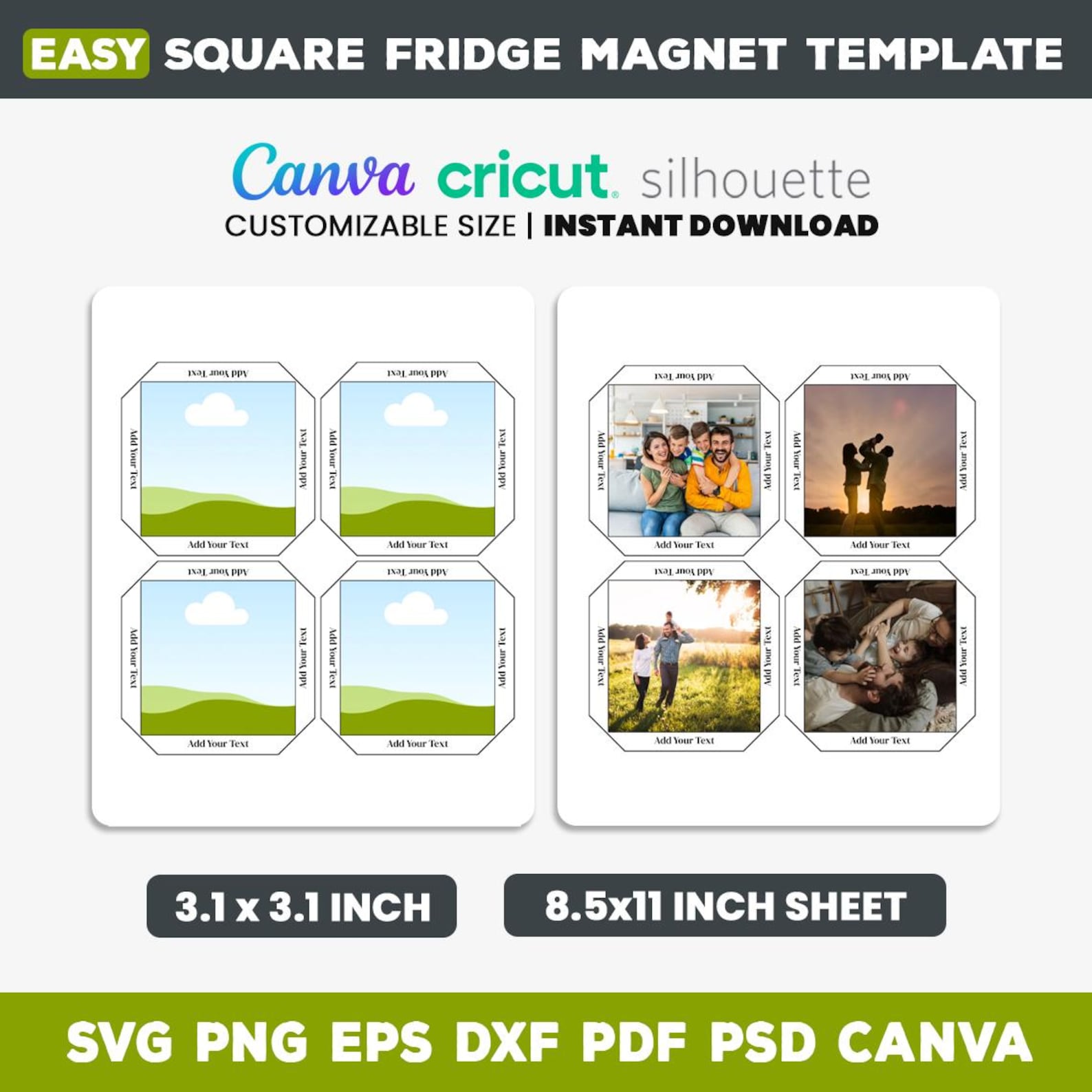 5 Size Magnet Template, Fridge Photo Magnets, Canva Template, Square ...