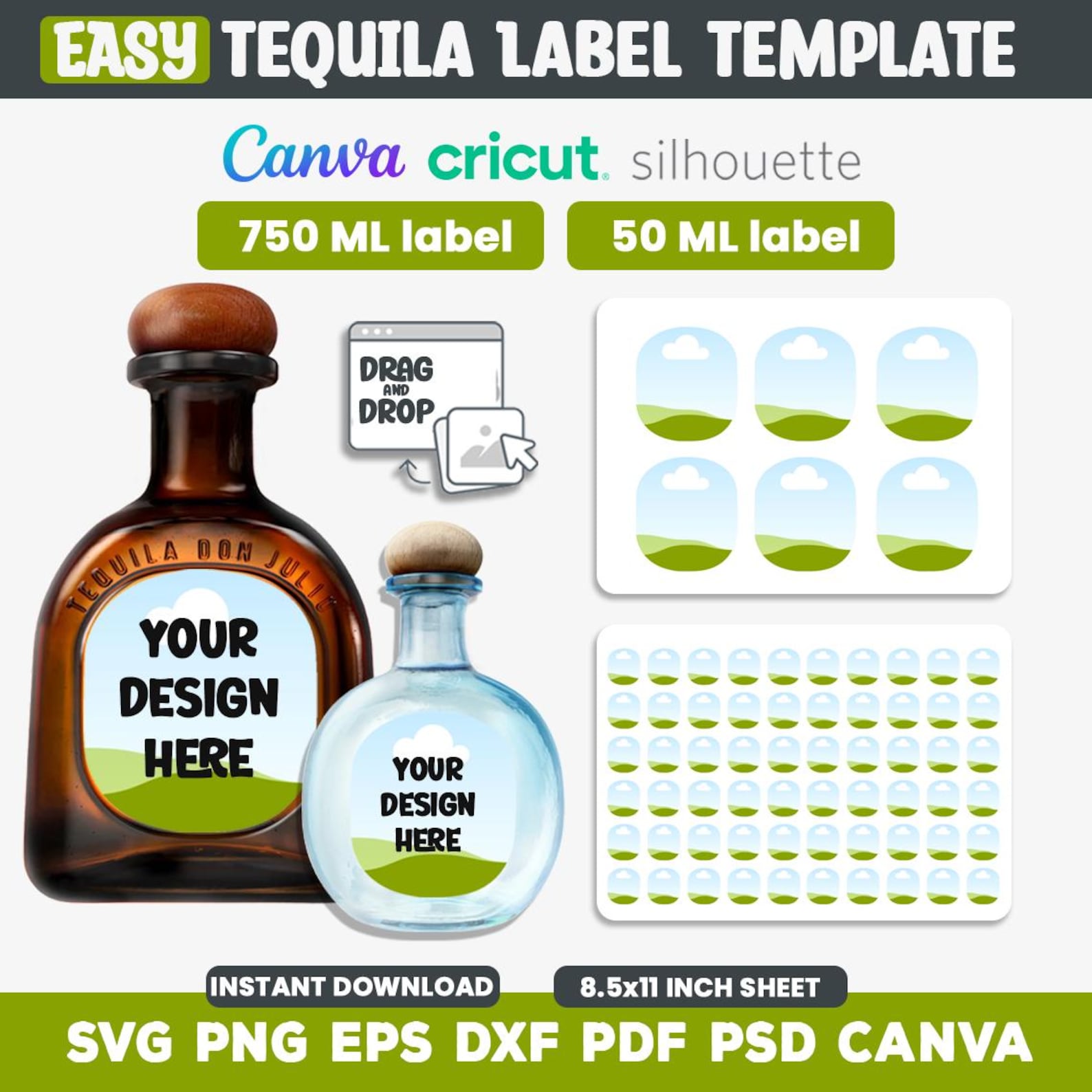 750ml - 50ml Tequila Label Template, Custom Tequila Bottle Label, Mini ...