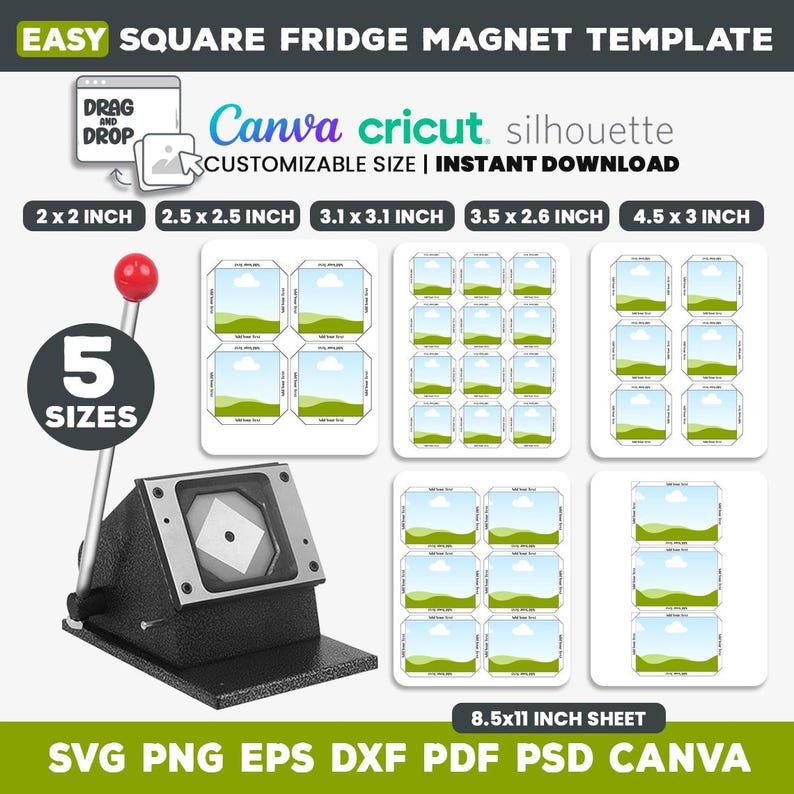 5 Size Magnet Template, Fridge Photo Magnets, Canva Template, Square ...