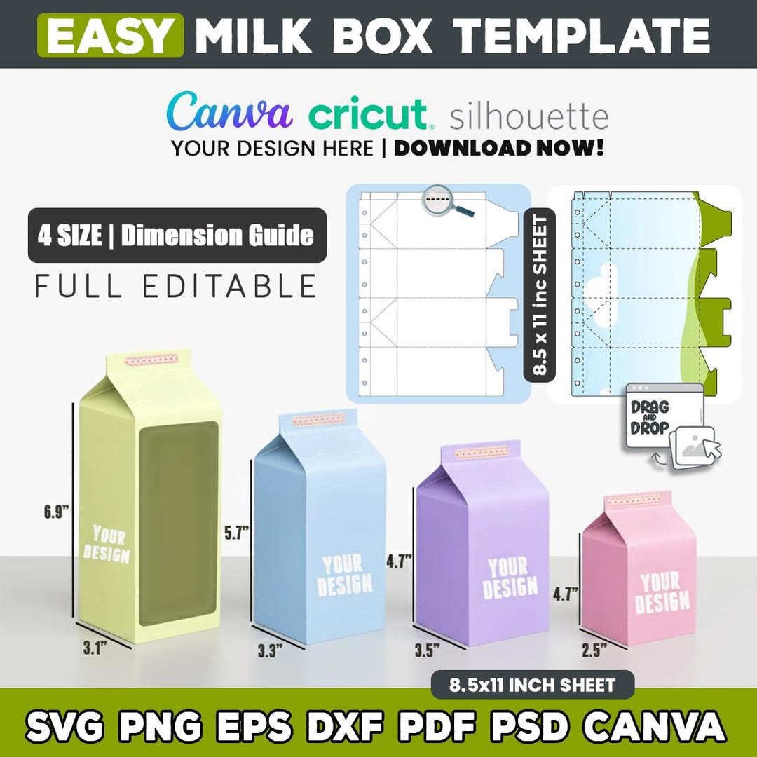 4 Milk Box Template, Milk Carton DIY Template, Box Svg, Editable Canva ...