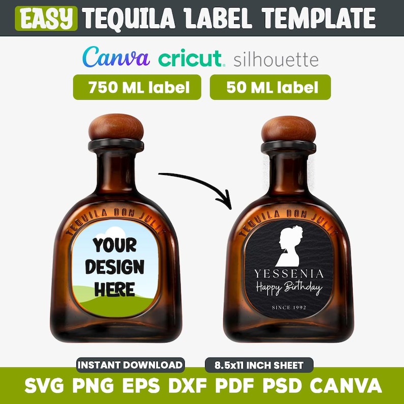 750ml - 50ml Tequila Label Template, Custom Tequila Bottle Label, Mini ...