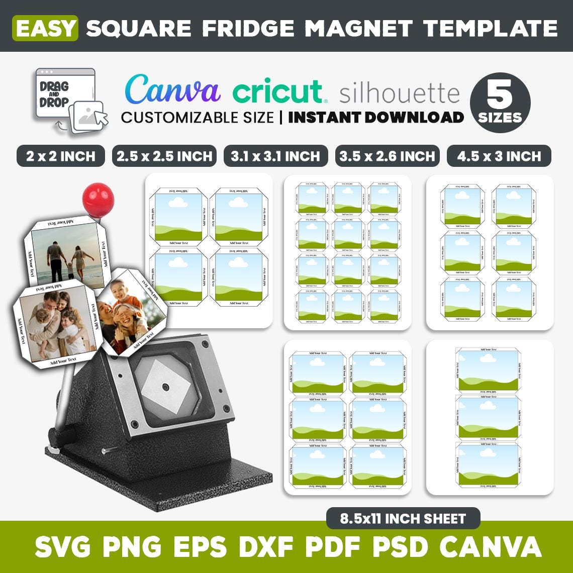 5 Size Magnet Template, Fridge Photo Magnets, Canva Template, Square ...