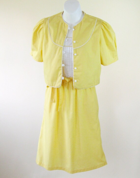 1980s White Yellow Sundress Jacket 3 Piece Set Pintuc… - Gem