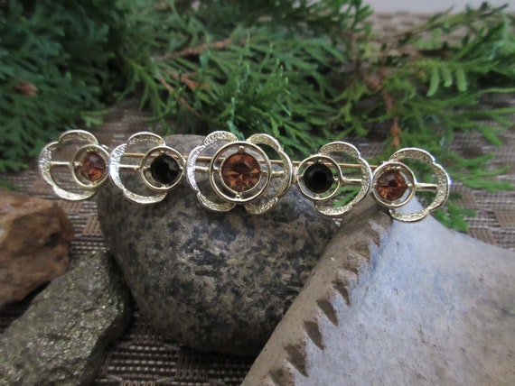 Vintage Sarah Coventry Brooch: Amber Jet Gold Tone Rh… - Gem