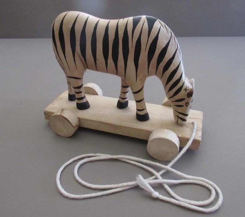 Hanford's Toys Vintage 1990s Wooden Carved Zebra Animal Pull Toy ...