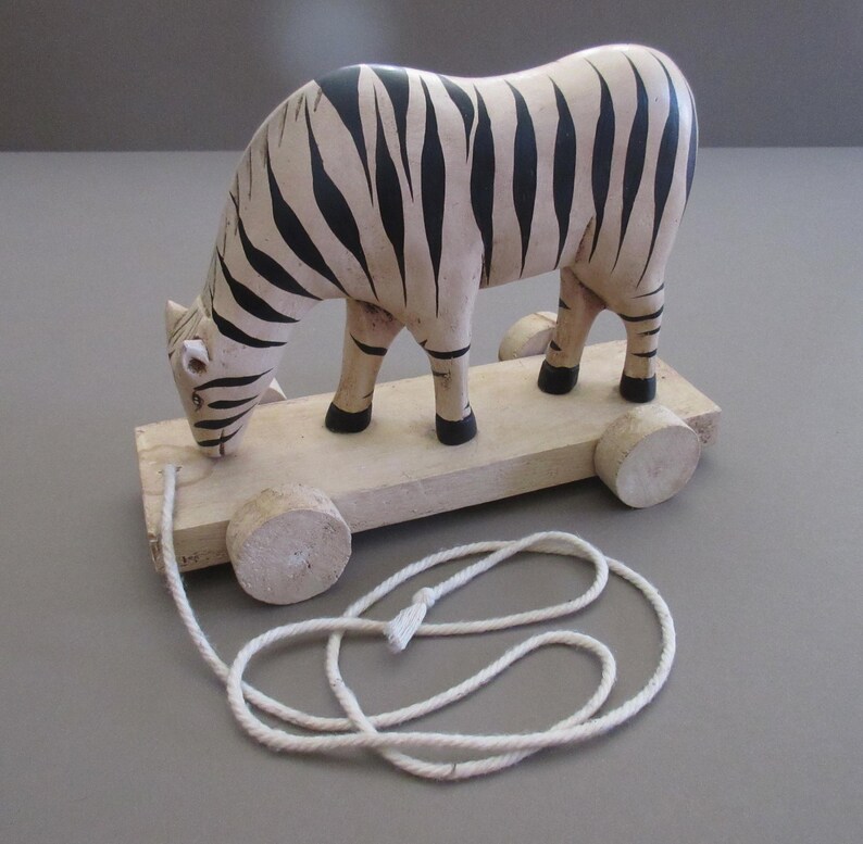 Hanford's Toys Vintage 1990s Wooden Carved Zebra Animal Pull Toy ...