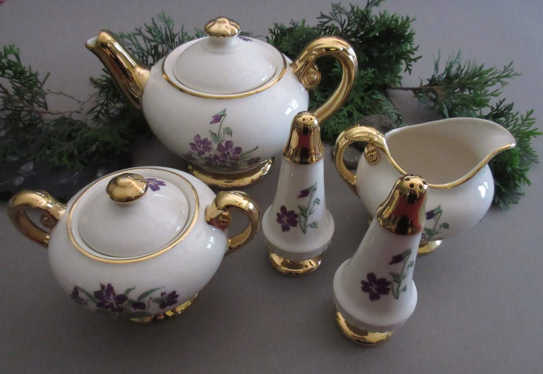 Vintage 5 Piece Serving Set Acme Craftware Co. USA 22KT Gold Trim Tea ...