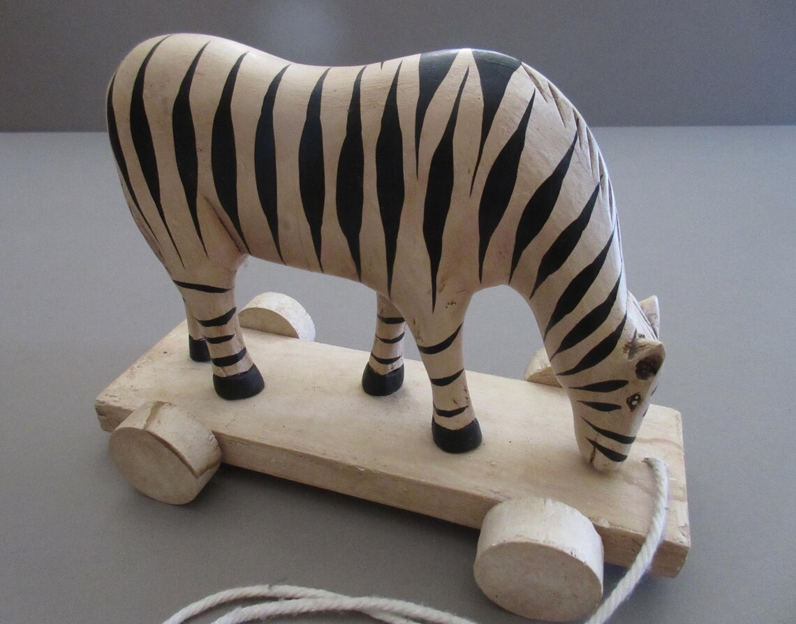 Hanford's Toys Vintage 1990s Wooden Carved Zebra Animal Pull Toy ...