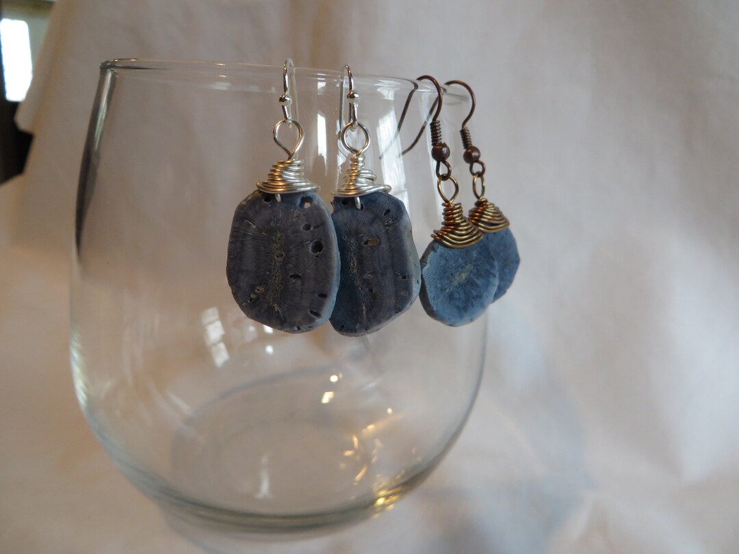 Freeform Natural Blue Sponge Coral Earrings, Wire Wrapped, Blue ...