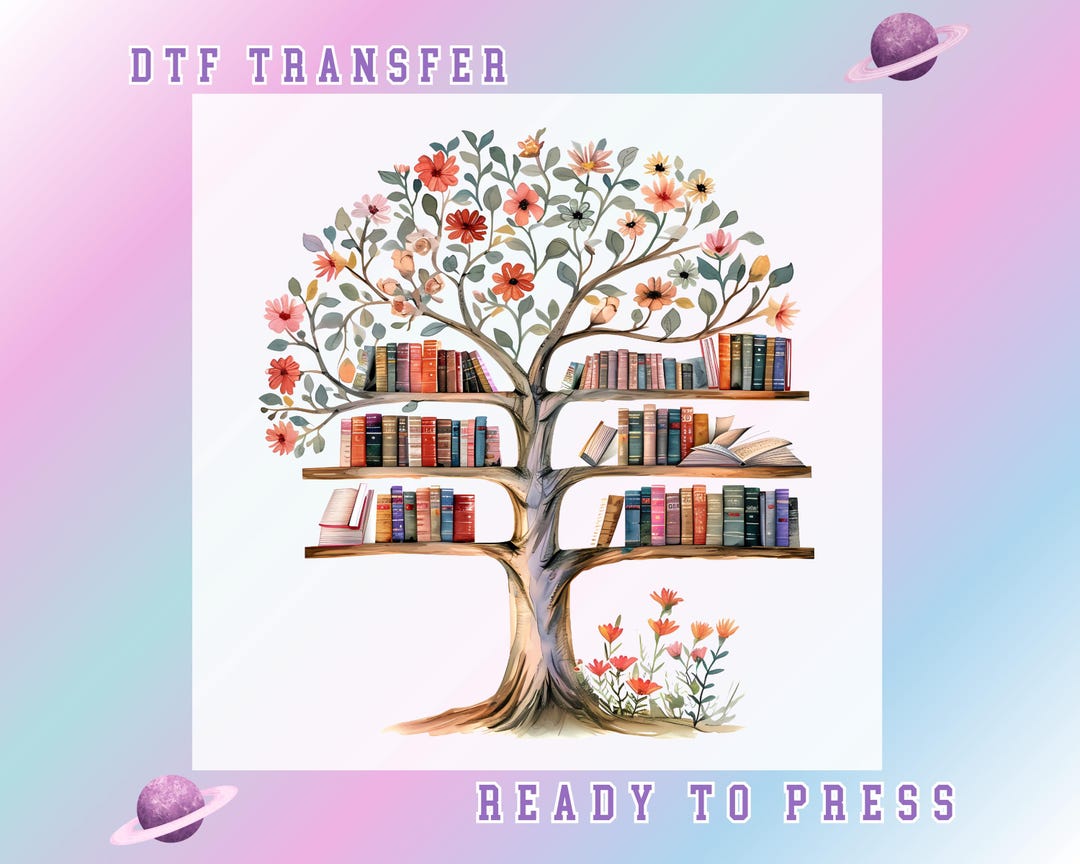 Book Tree Library DTF Transfer, Ready to Press Reading Lover Library ...