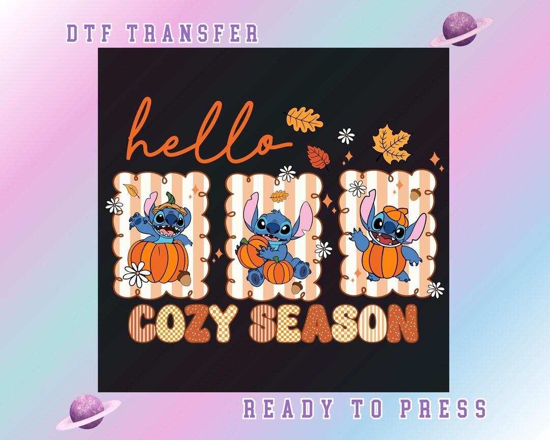 Hello Cozy Season Stitch DTF Transfer, Cute Fall Pumpkin Ready to Press ...