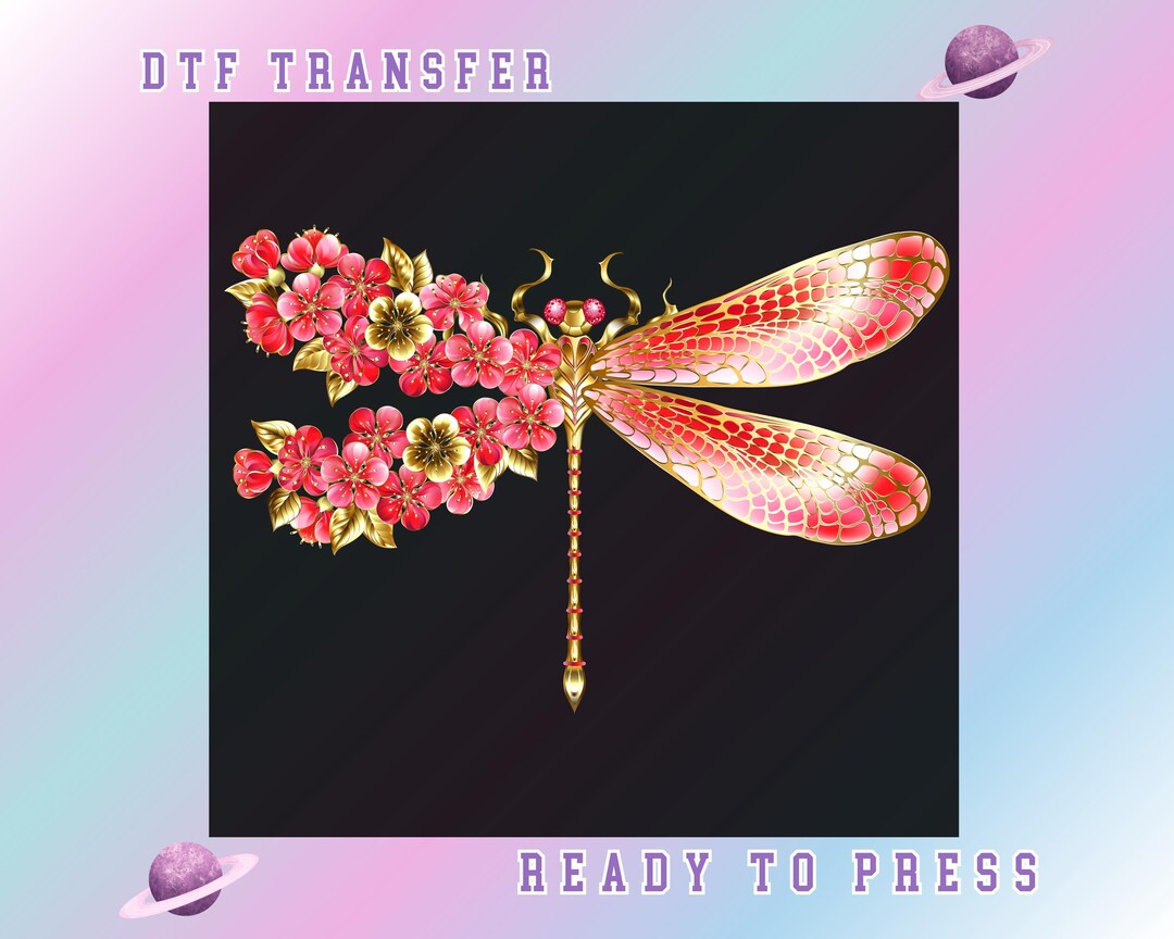 Golden Flower Dragonfly DTF Transfer: Sakura Flower Animal Gold Insect ...