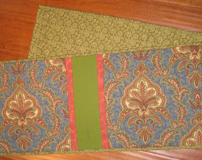 CLEARANCE Slate Blue Scroll and Floral Reversible Table Runner, Quilted ...