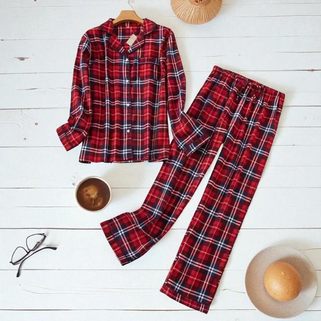 Flannel Pajama Set: Women's Plaid Sleepwear Lounge Suit - Etsy