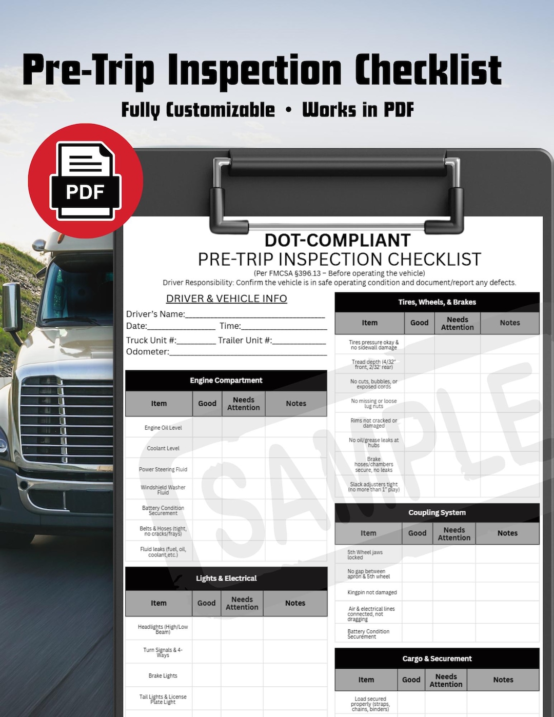 DOT Pre-trip Inspection Checklist PDF | Printable Truck Driver Safety ...