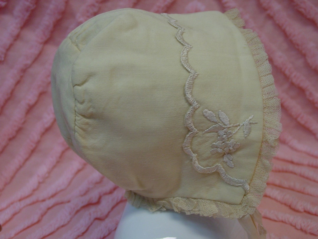 Antique Baby or Doll Bonnet Small Embroidered , Lace, Silk Lined - Etsy