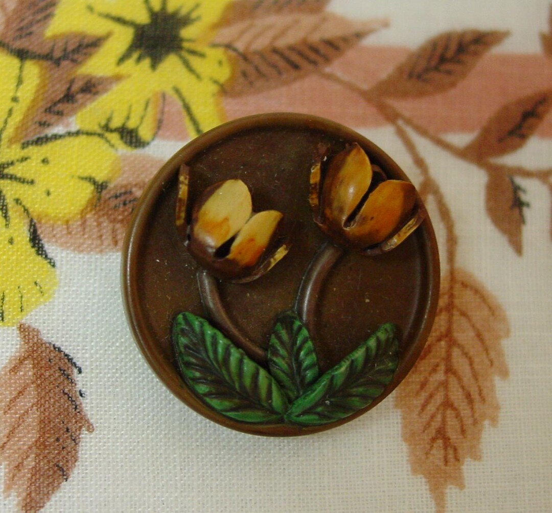 Vintage Realistic Button Genuine Marion Weeber 2 Tulips, Leaves on ...