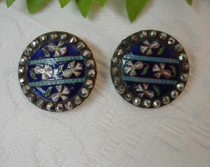 Beautiful Vintage Enamel Button 15/16" Cut Steel Border Blue, White ...