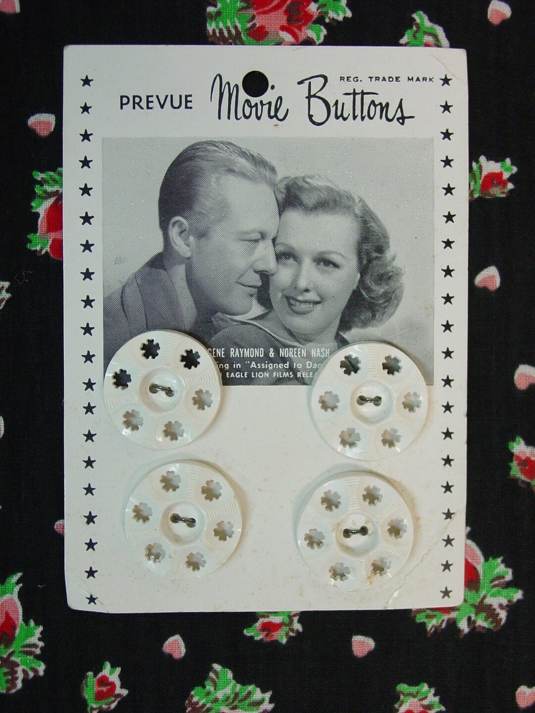 Vintage Card Prevue Movie Buttons Gene Raymond Noreen Nash 4 Pierced ...