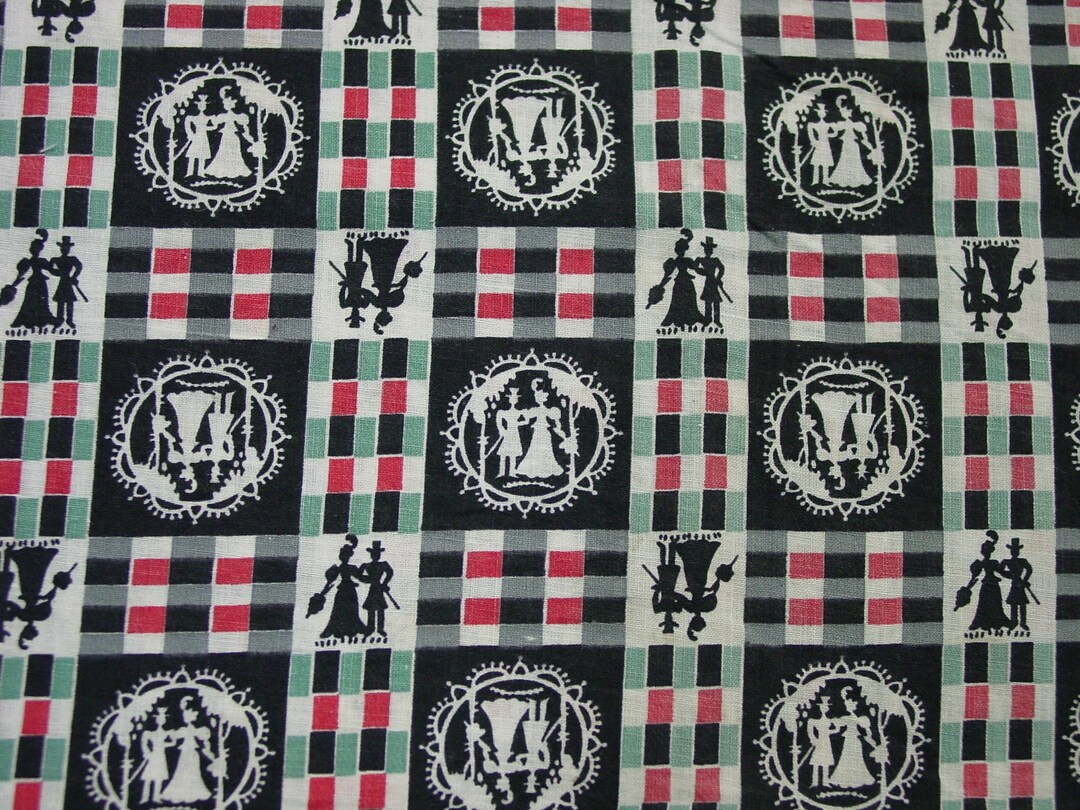 Vintage Cotton Fabric Cute Pattern Silhouettes and Checks 2 Yards 35 ...
