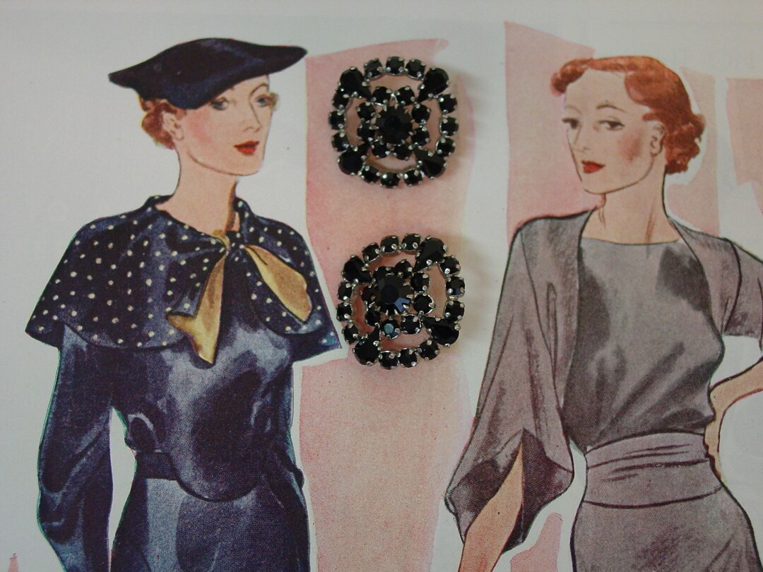 2 Pretty Vintage Buttons Glam and Sparkle 1" Prong Set Black Plastic ...