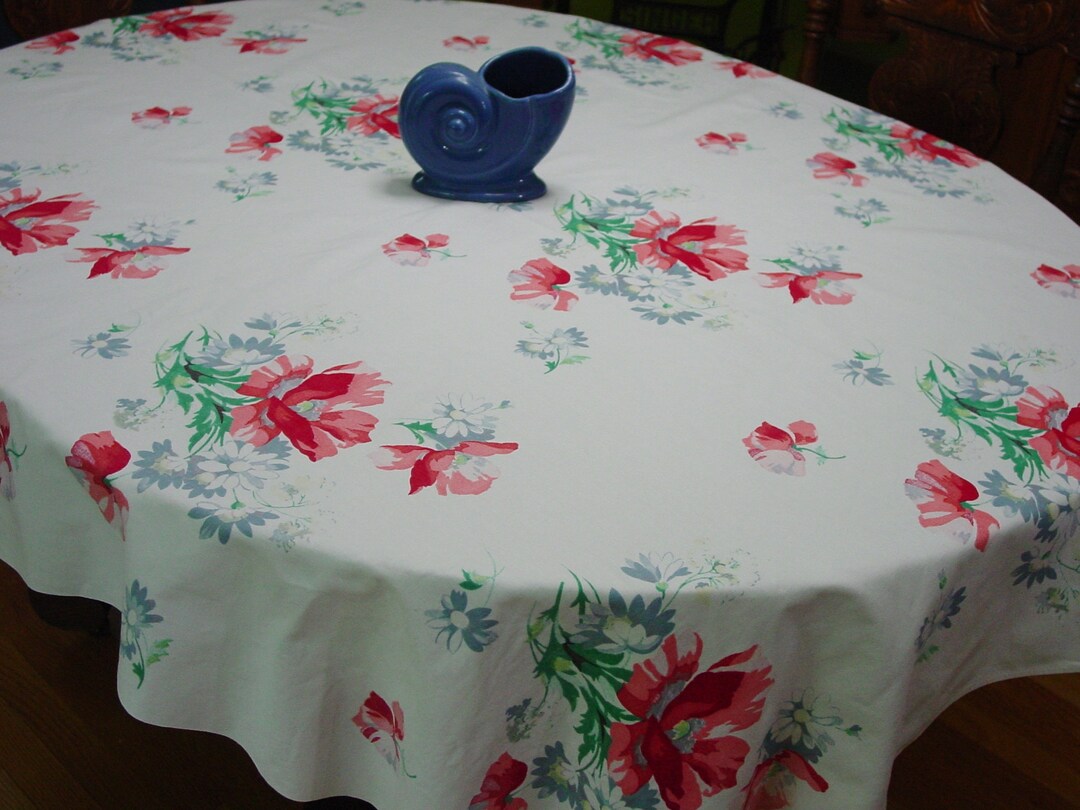 Pretty Vintage Wilendur Tablecloth 54 X 66" Red Poppies & Blue/grey ...